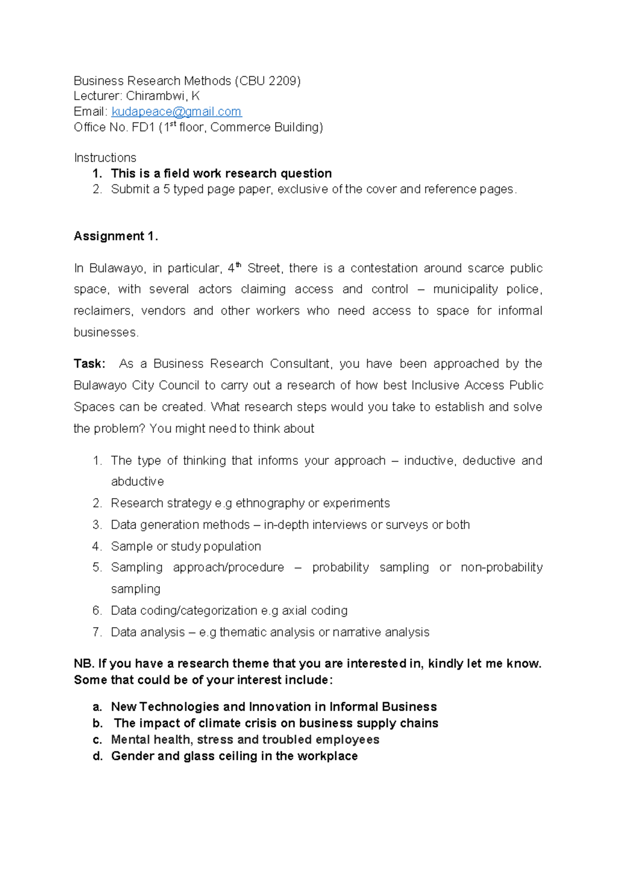 Business Research Methods Assignment 2024 - Business Research Methods (CBU 2209) Lecturer: - Studocu