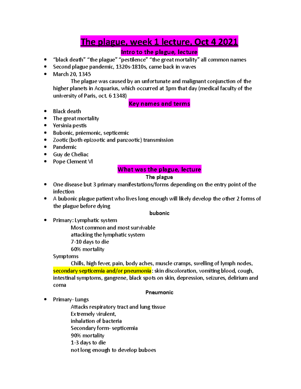 Hist module 2 week 1 - Lecture notes 3 - The plague, week 1 lecture ...