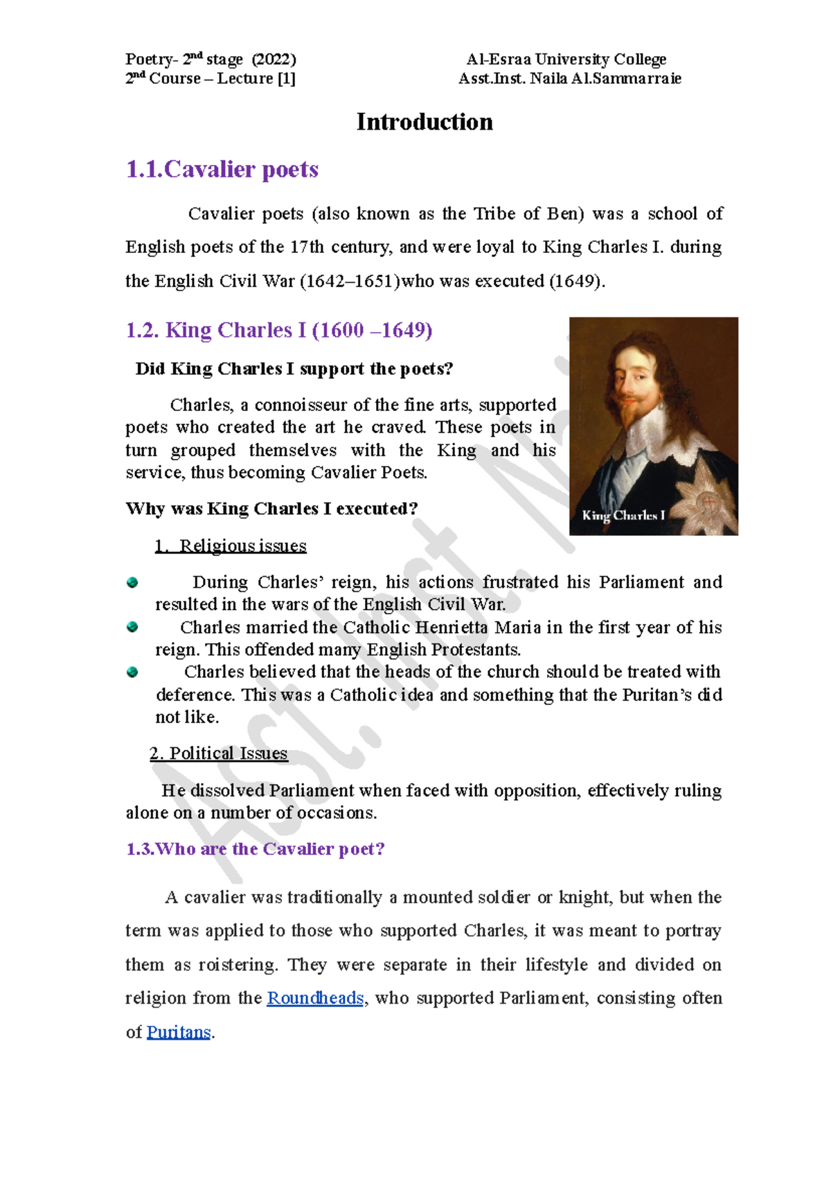 1- Introduction- The Cavalier Poets - Poetry- 2nd stage (2022) Al-Esraa ...