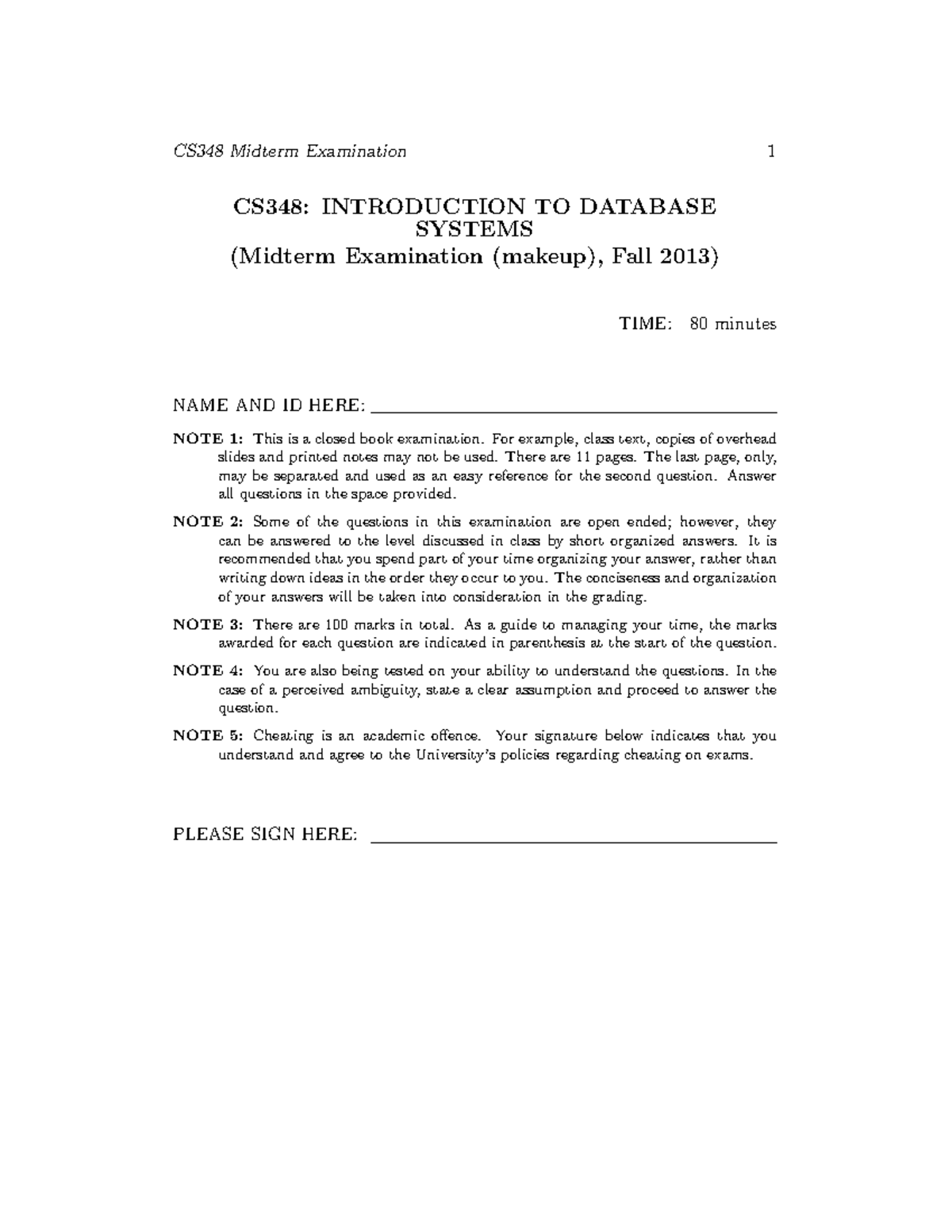 Sample Midterm - mt for course - CS348: INTRODUCTION TO DATABASE SYSTEMS (Midterm Examination ...