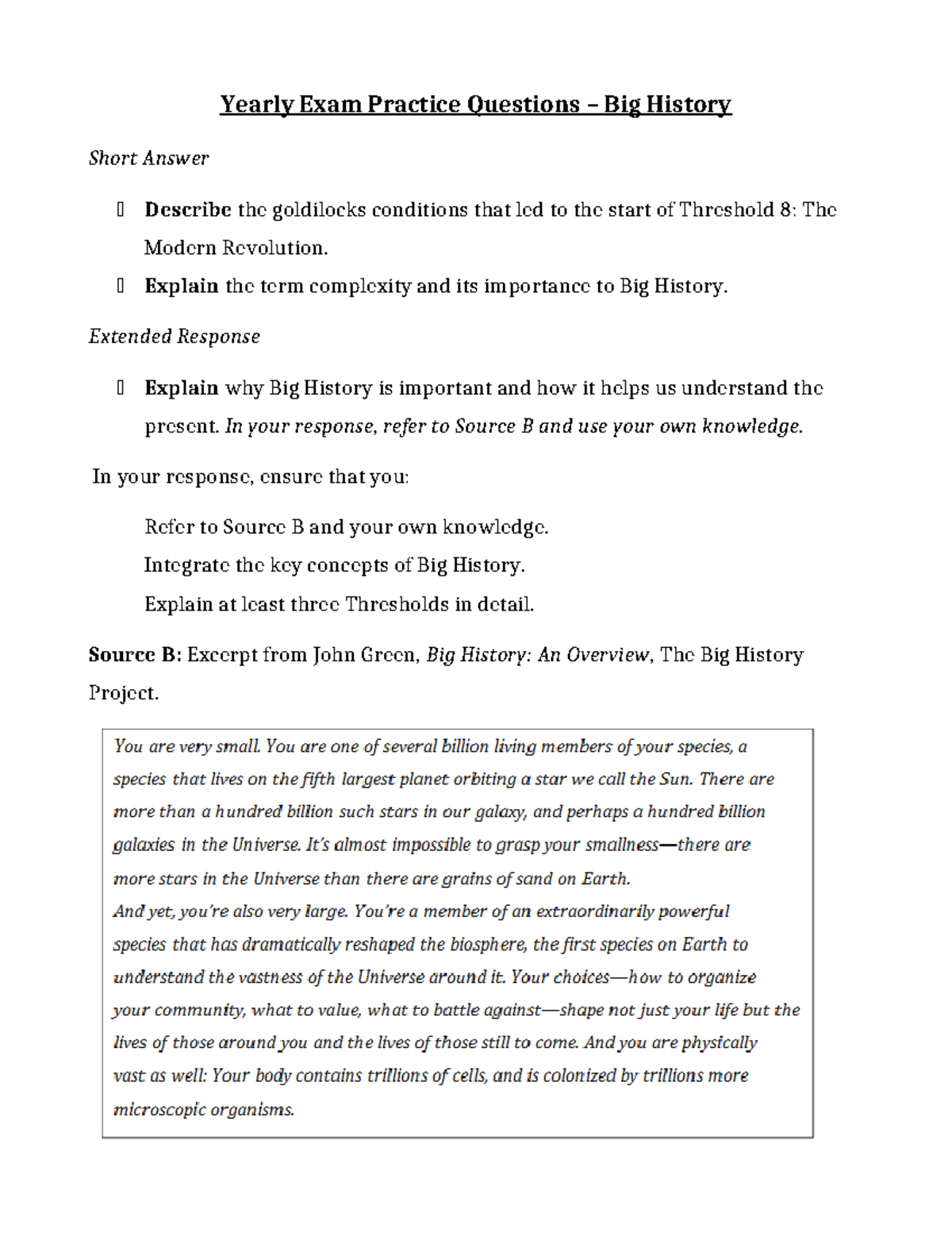 10EH Yearly Exam Big History Revision - Yearly Exam Practice Questions ...