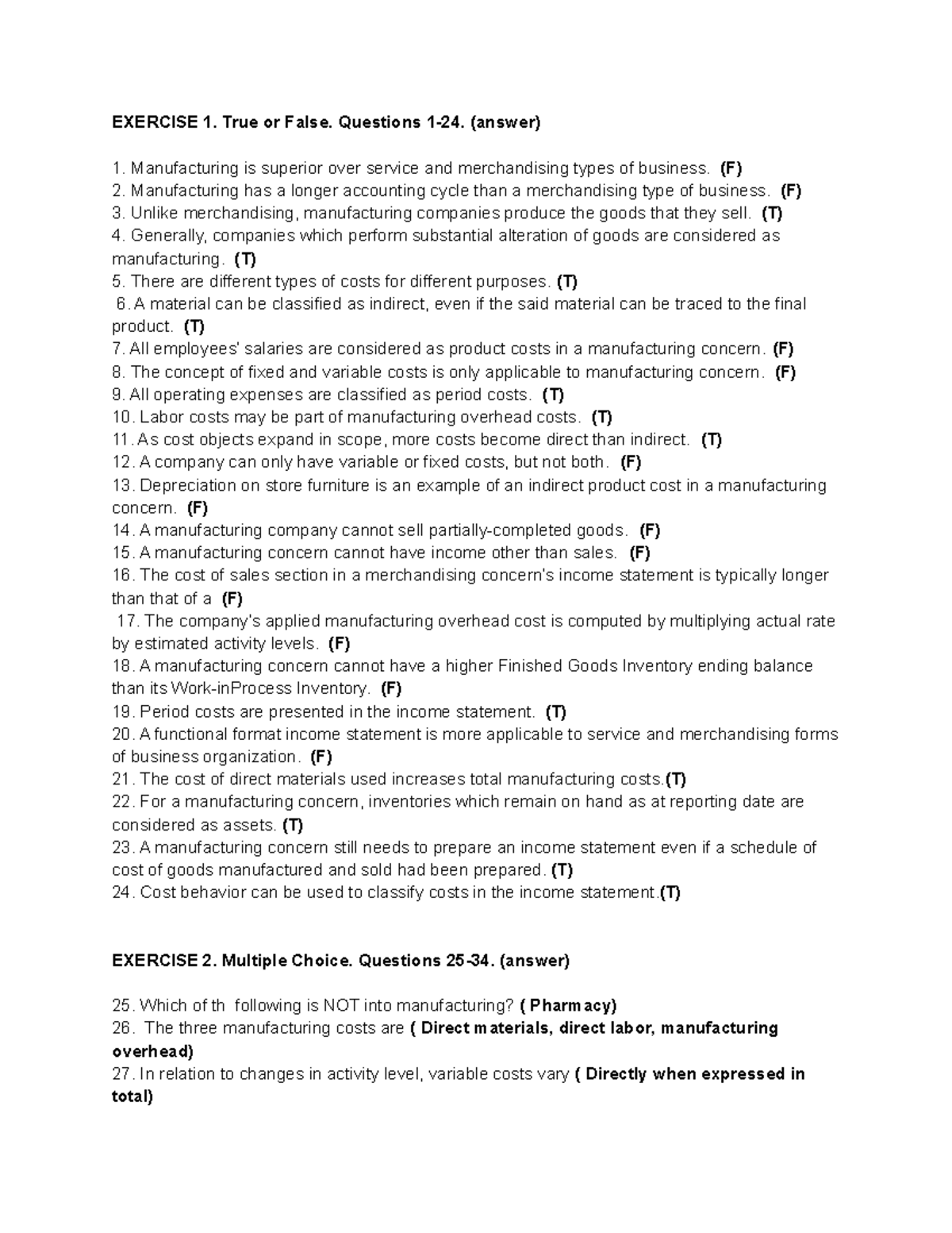 A Ctbfar Exercise Set 1 Answer Key EXERCISE 1 True Or False
