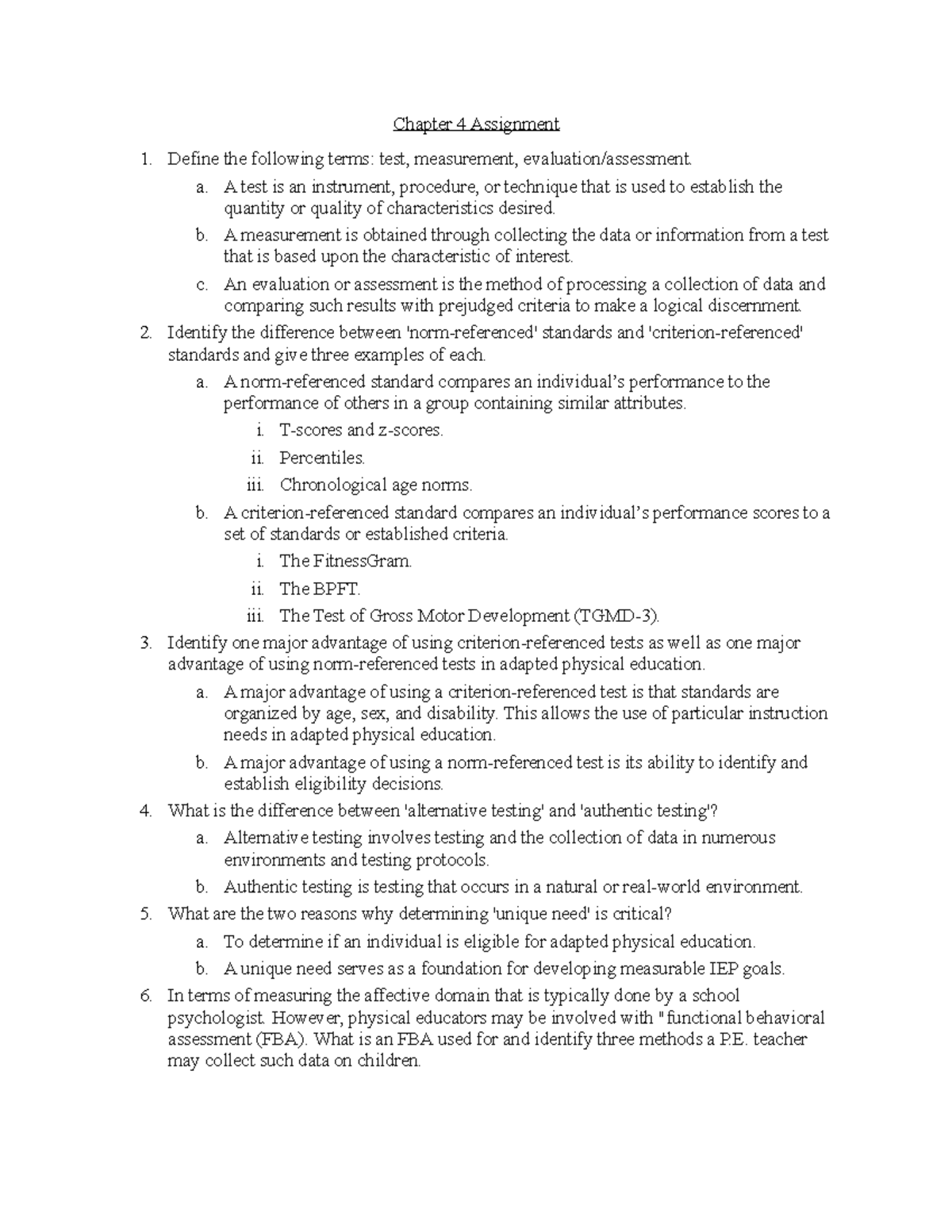 Chapter 4 Assignment (Special Populations) - Chapter 4 Assignment Define the following terms ...