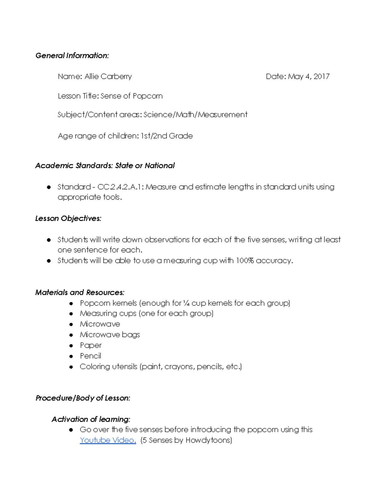 Food Lesson Plan 1st 2nd Grade - General Information: Name: Allie ...