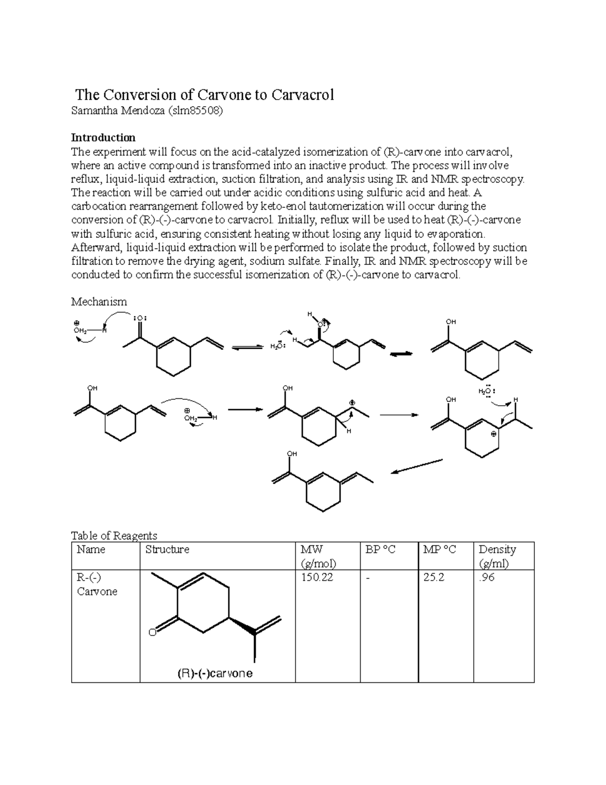 The Conversion of Carvone to Carvacrol LAB 2 - The Conversion of ...