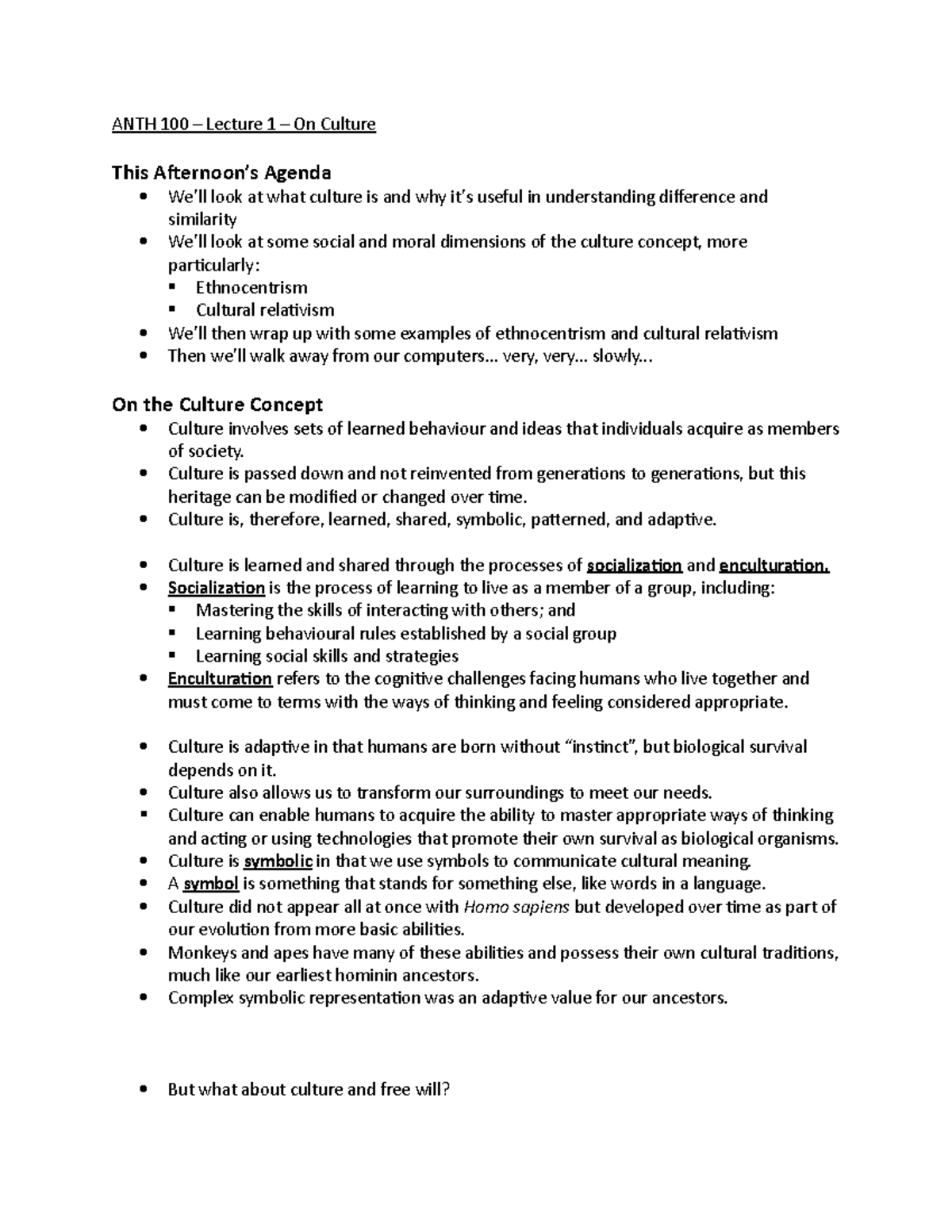 ANTH 100 Lecture 1 - ANTH 100 – Lecture 1 – On Culture This Afternoon’s Agenda We’ll look at ...