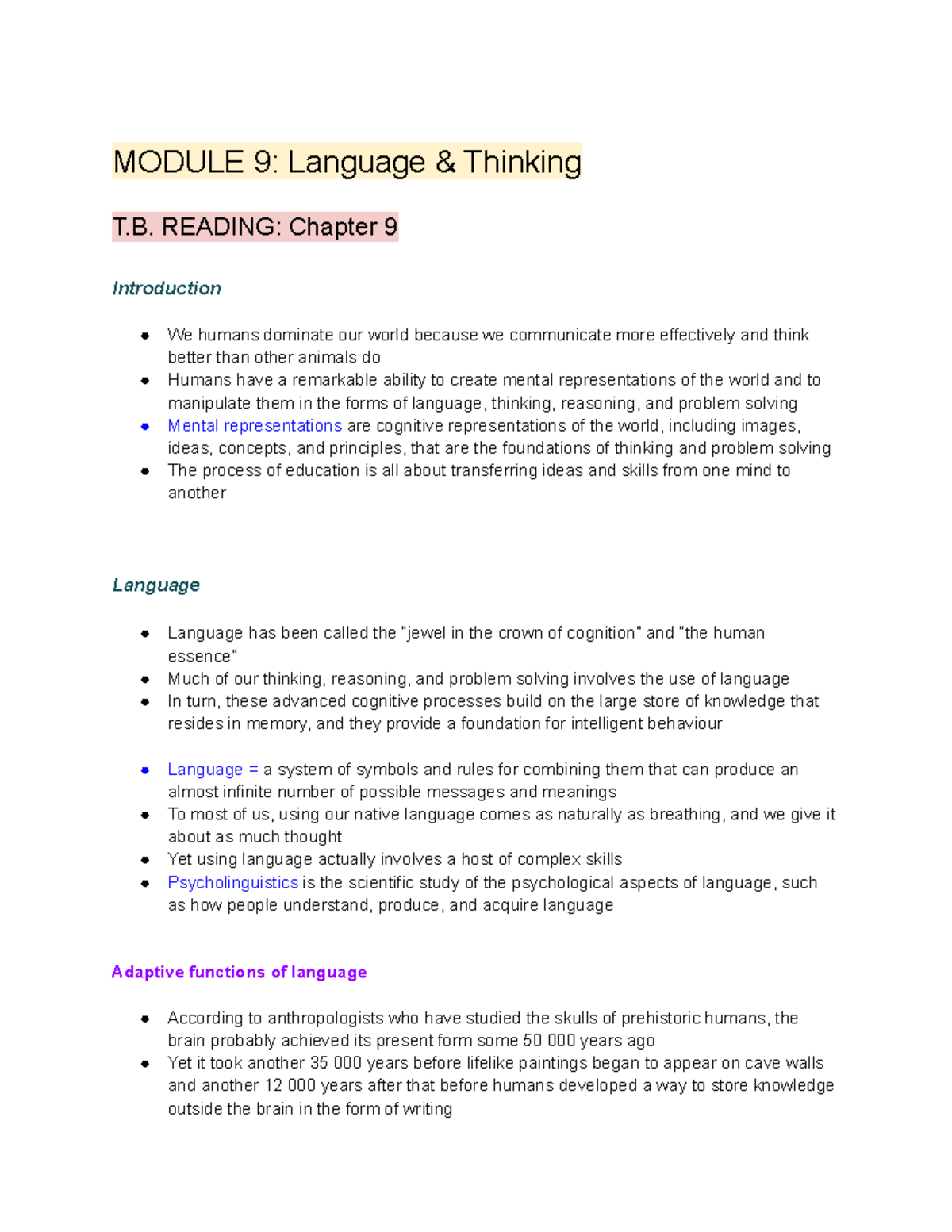 Psych 1000 (2nd) chapter notes - MODULE 9: Language & Thinking T ...