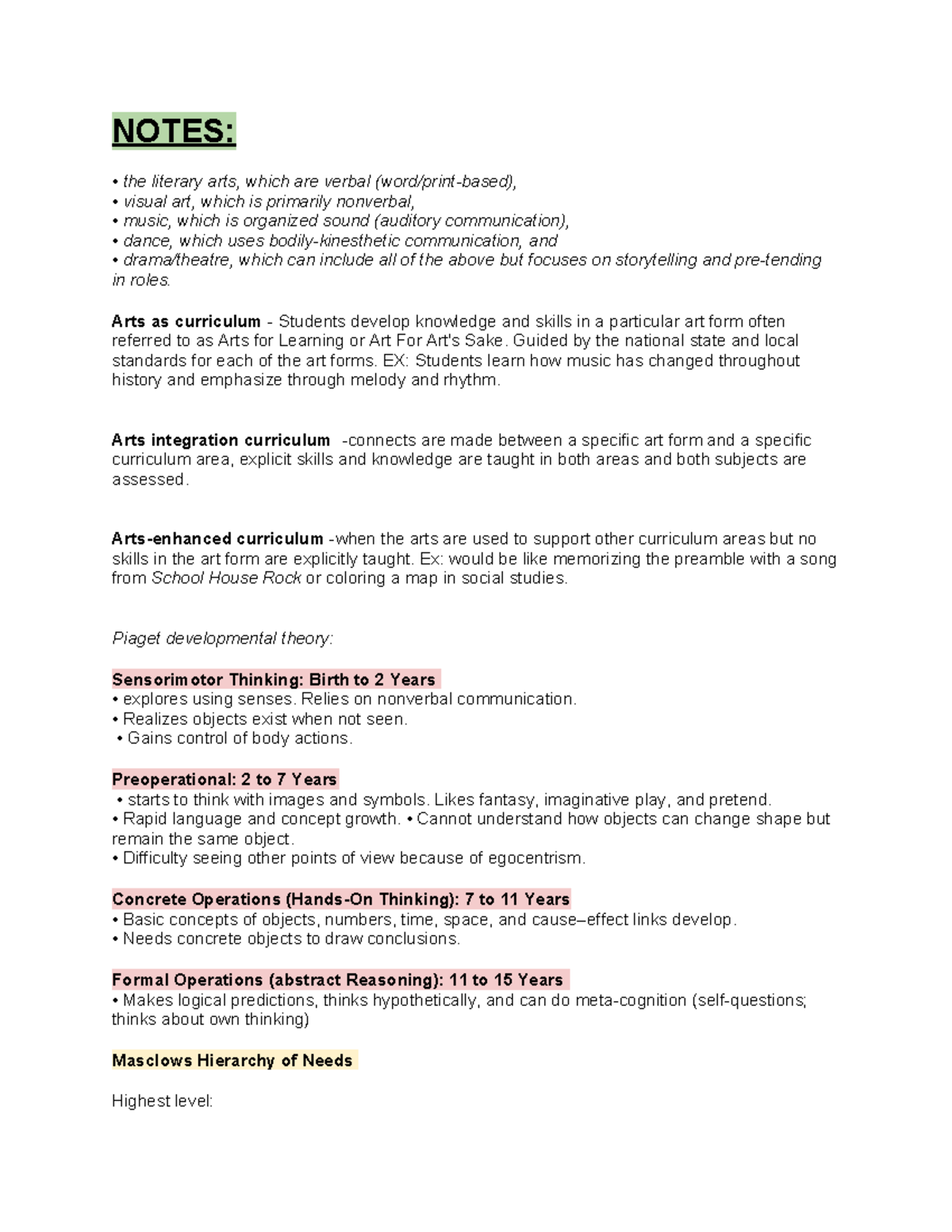 Notes for C105 Elementary Visual and Performing Arts Method - NOTES ...