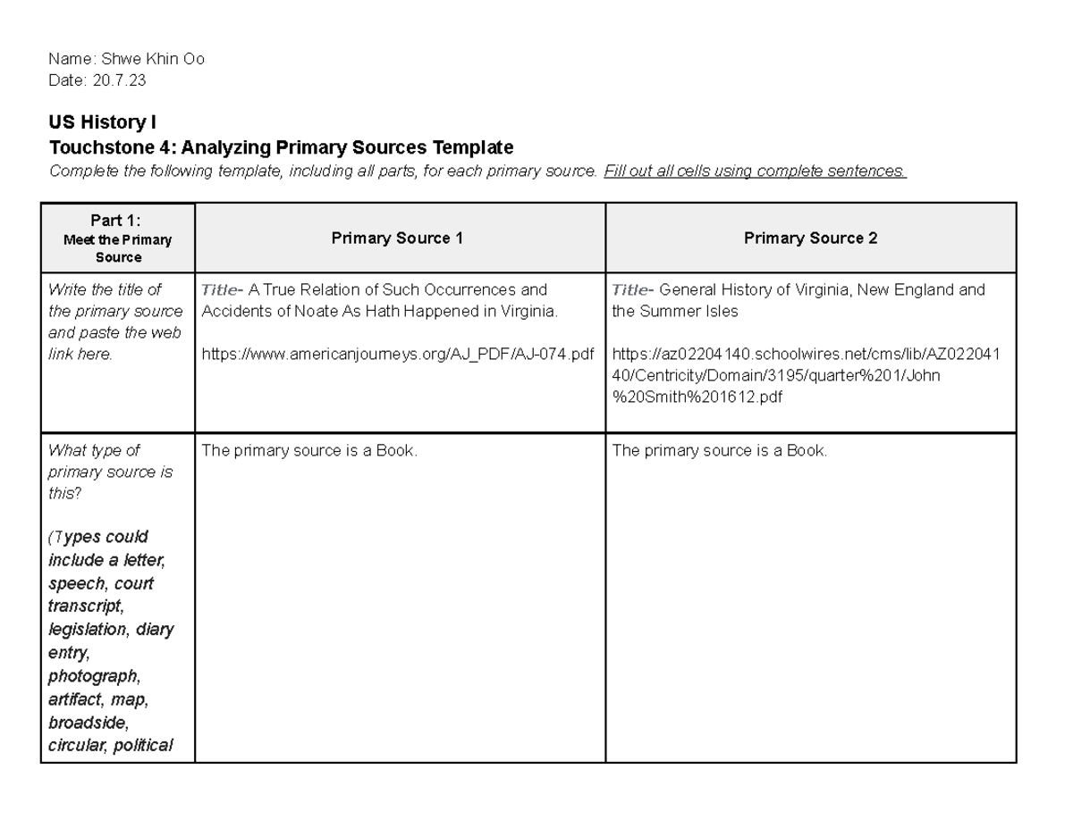 US History I Touchstone 4 Shwe - Name: Shwe Khin Oo Date: 20. US ...