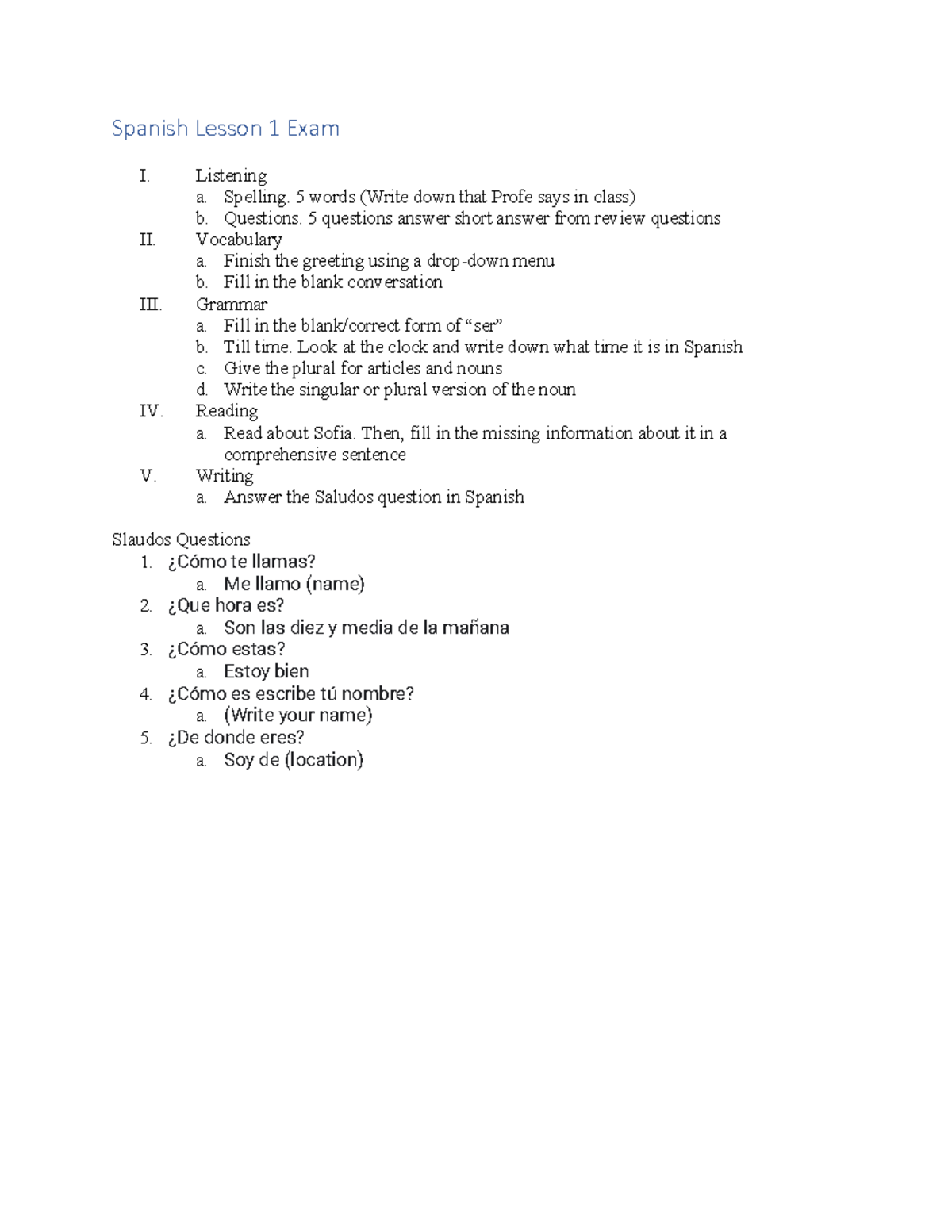 Spanish Exam review lesson 1 - Spanish Lesson 1 Exam I. Listening a ...