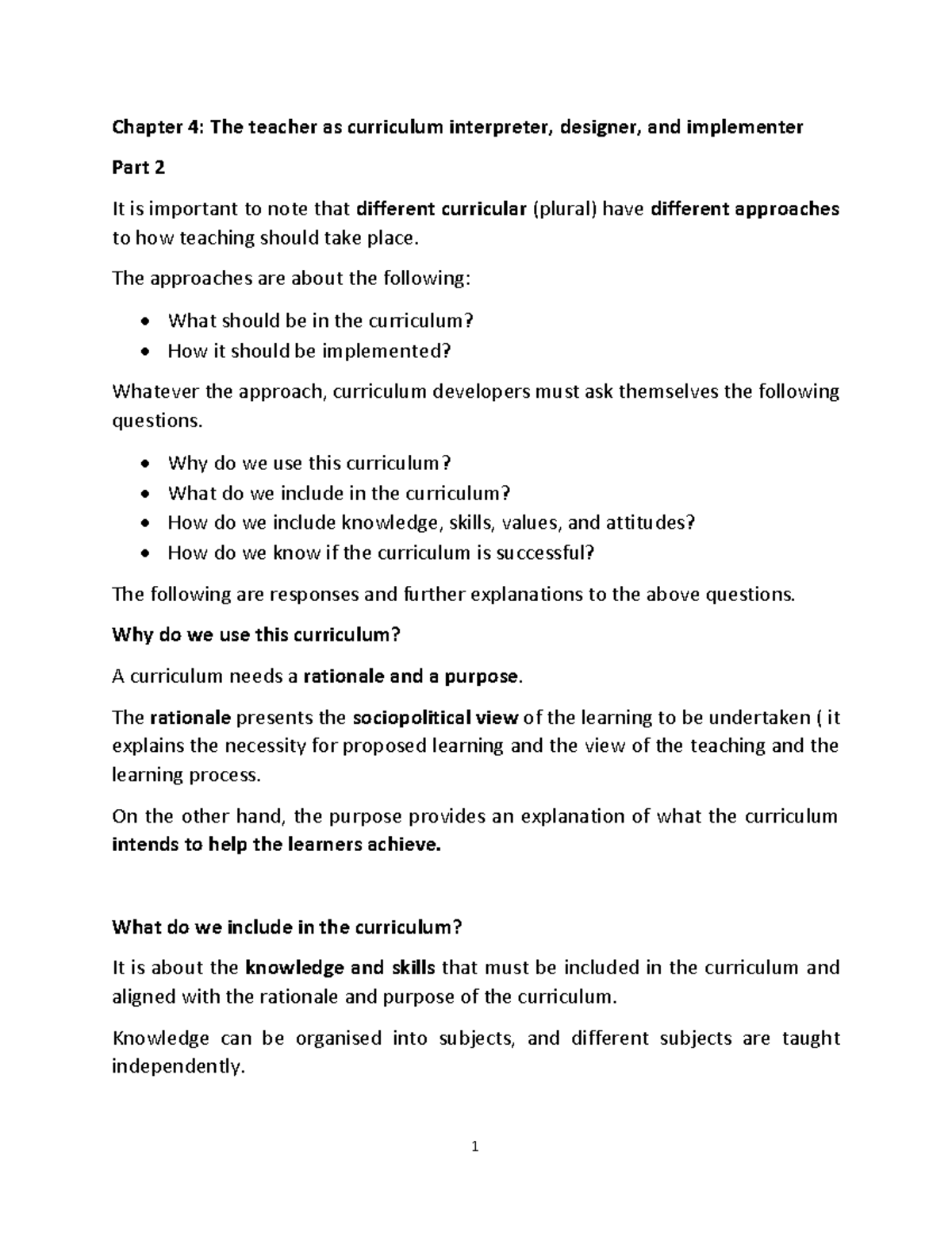Learning Unit 4-Part 2 - Notes - 1 Chapter 4: The teacher as curriculum ...