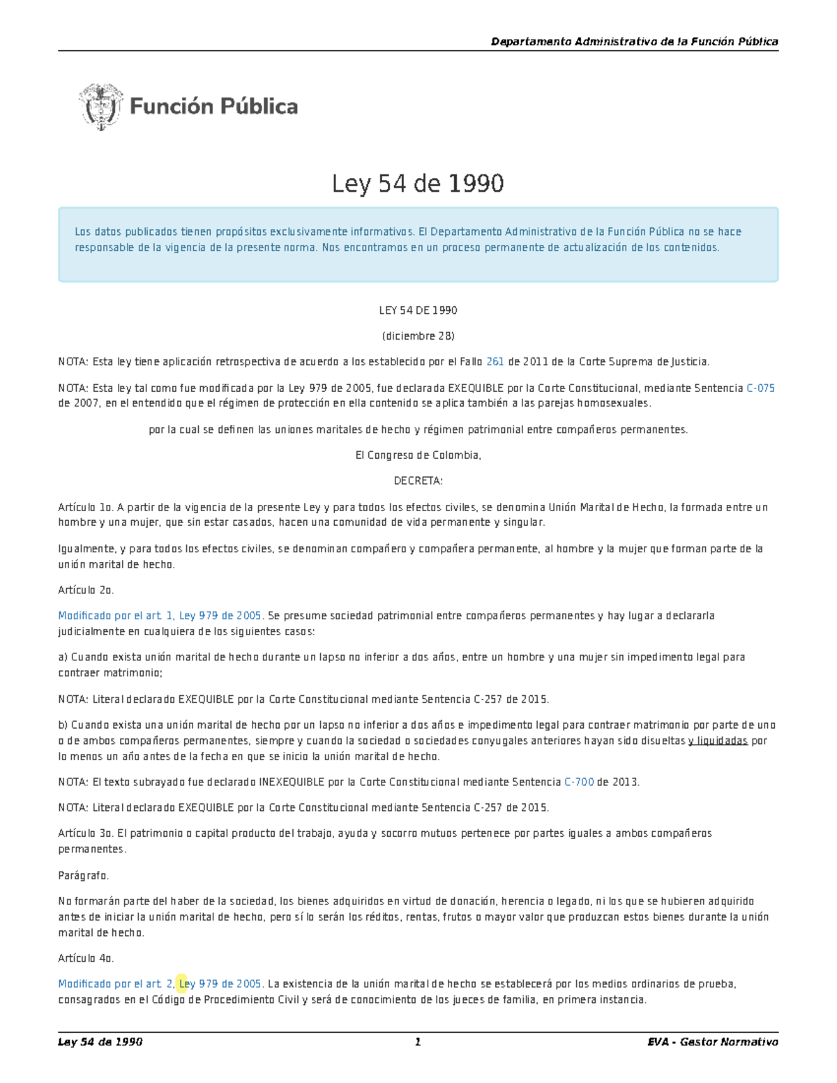 Ley 54 de 1990- Unines Maritales DE Hecho - Departamento Administrativo ...