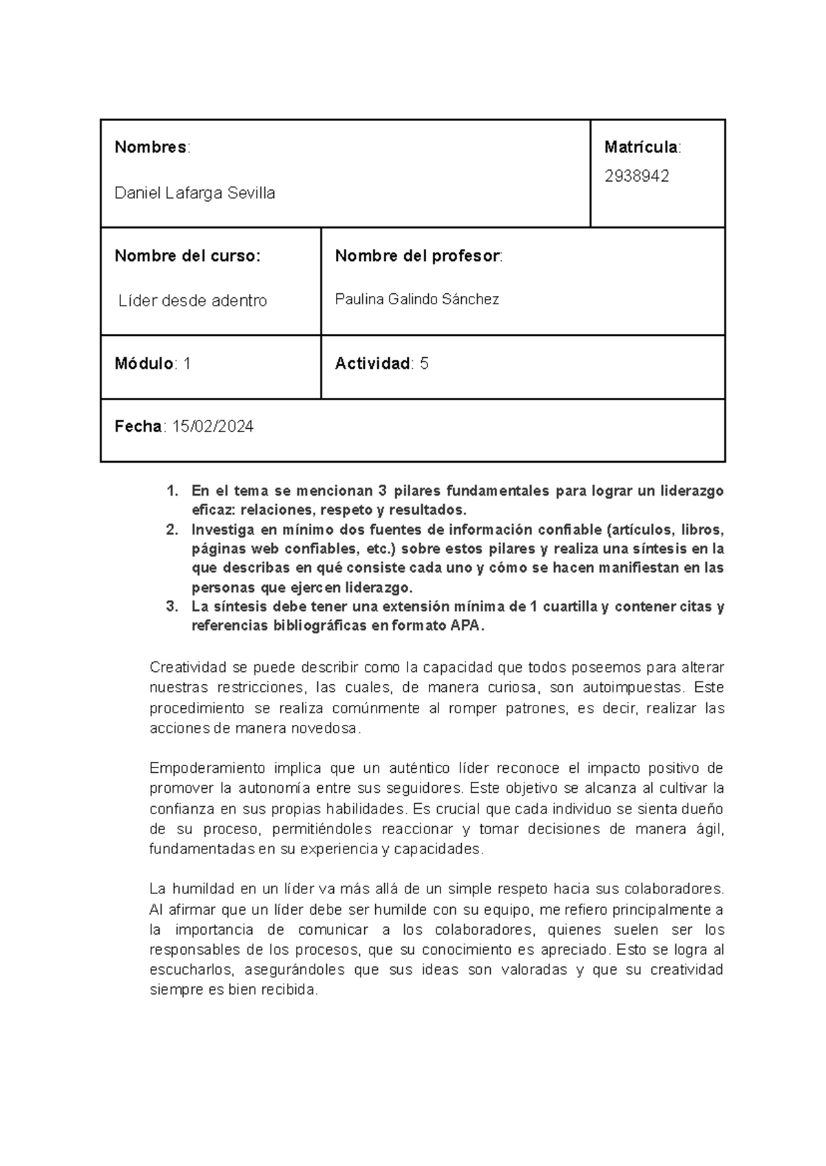 Actividad 5 líder desde adentro - Nombres: Daniel Lafarga Sevilla ...