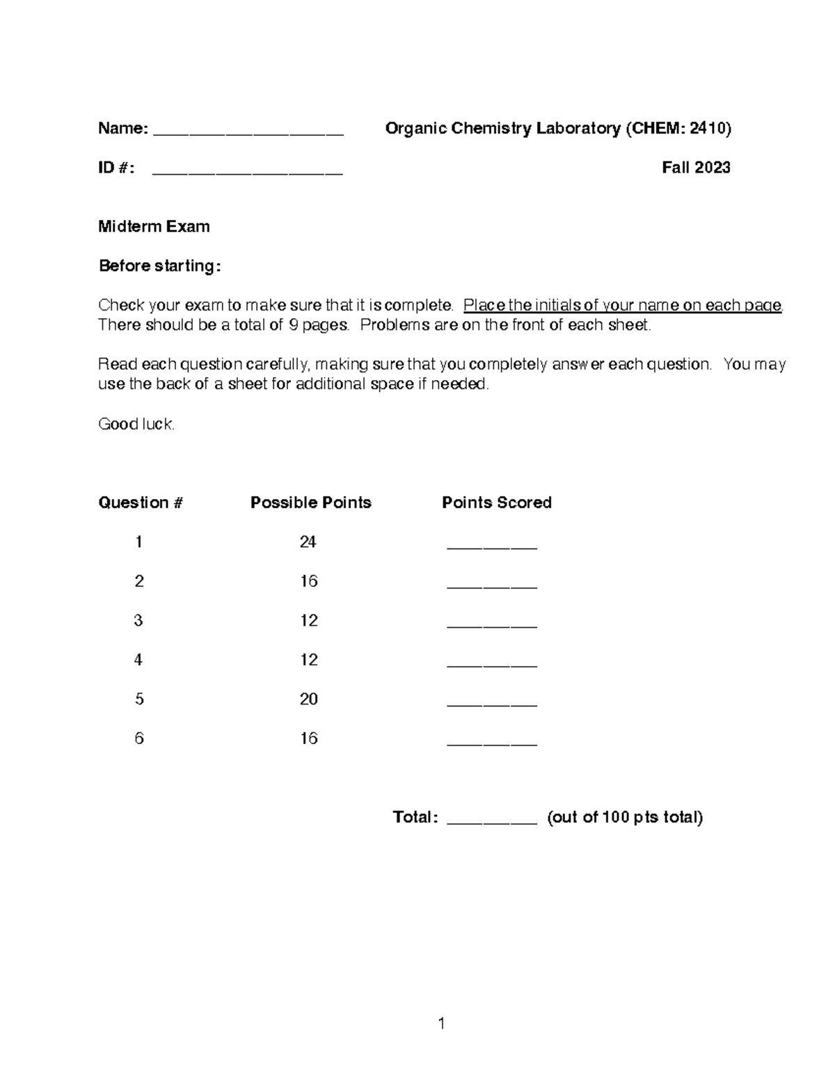 2410 Sample Midterm exam Fall24 - Name: _____________________ Organic ...