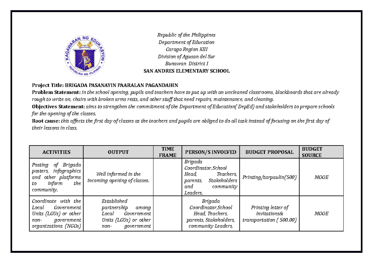 Brigada eskwela project design - Republic of the Philippines Department ...