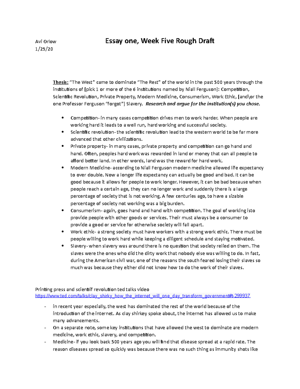 Week five Rough Draft - Grade: B+ - Avi Orlow Essay one, Week Five ...