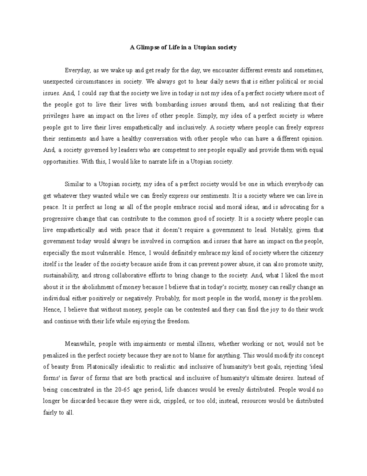 Social Science and Philosophy Capstone - A Glimpse of Life in a Utopian ...