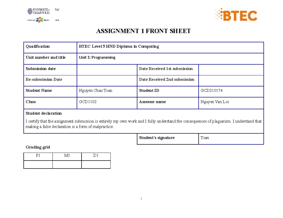 Assignment 1 - 1618 - please - ASSIGNMENT 1 FRONT SHEET Qualification BTEC Level 5 HND Diploma ...
