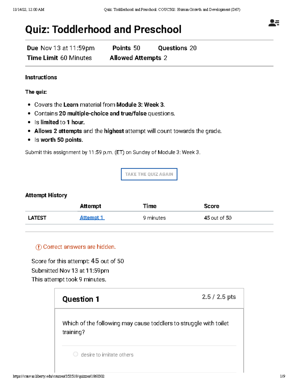 COUC502 Human Growth and Development (D67) - Quiz: Toddlerhood and ...