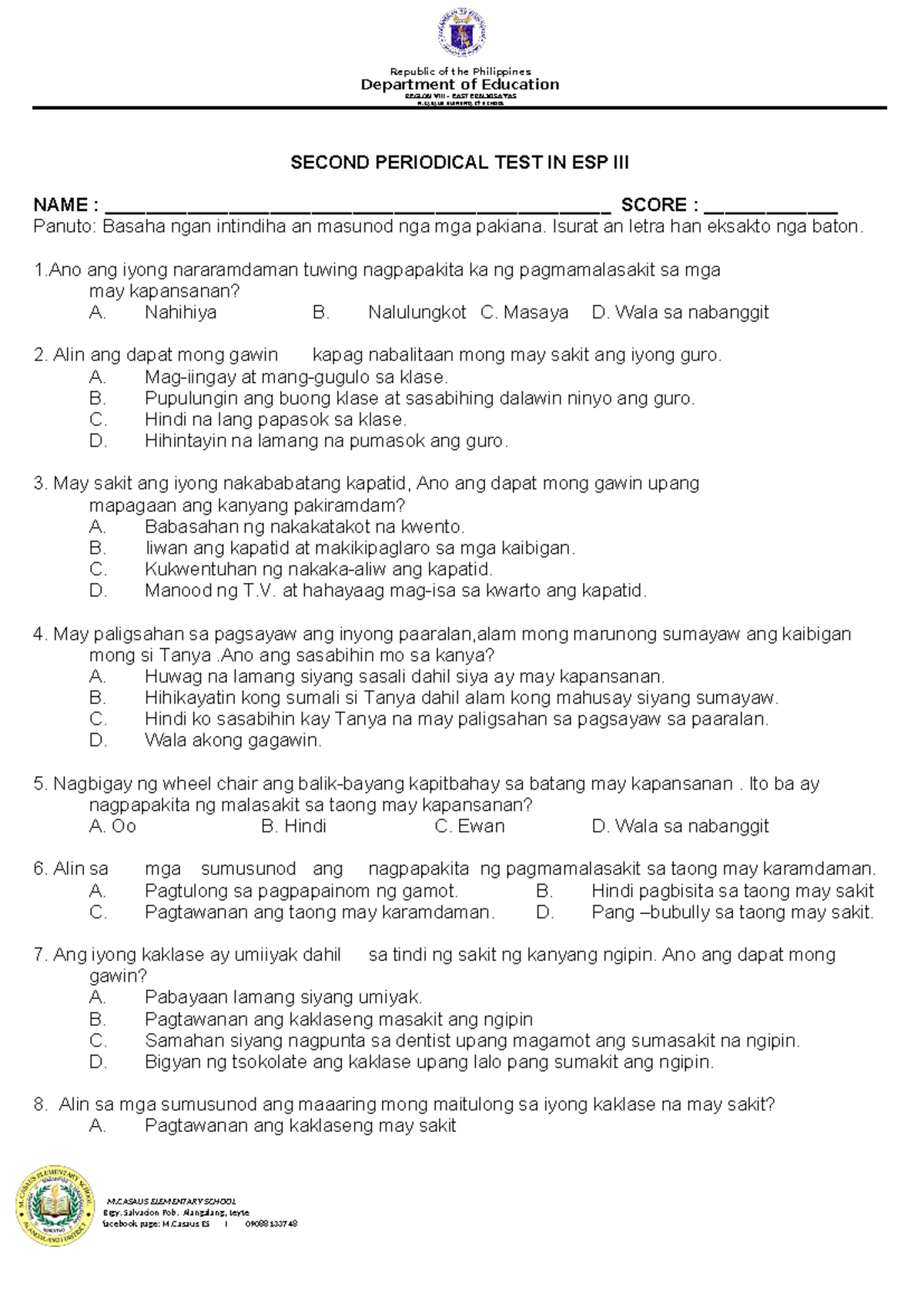 Sample Periodical Test in ESP 3 2023 - Department of Education REGION ...