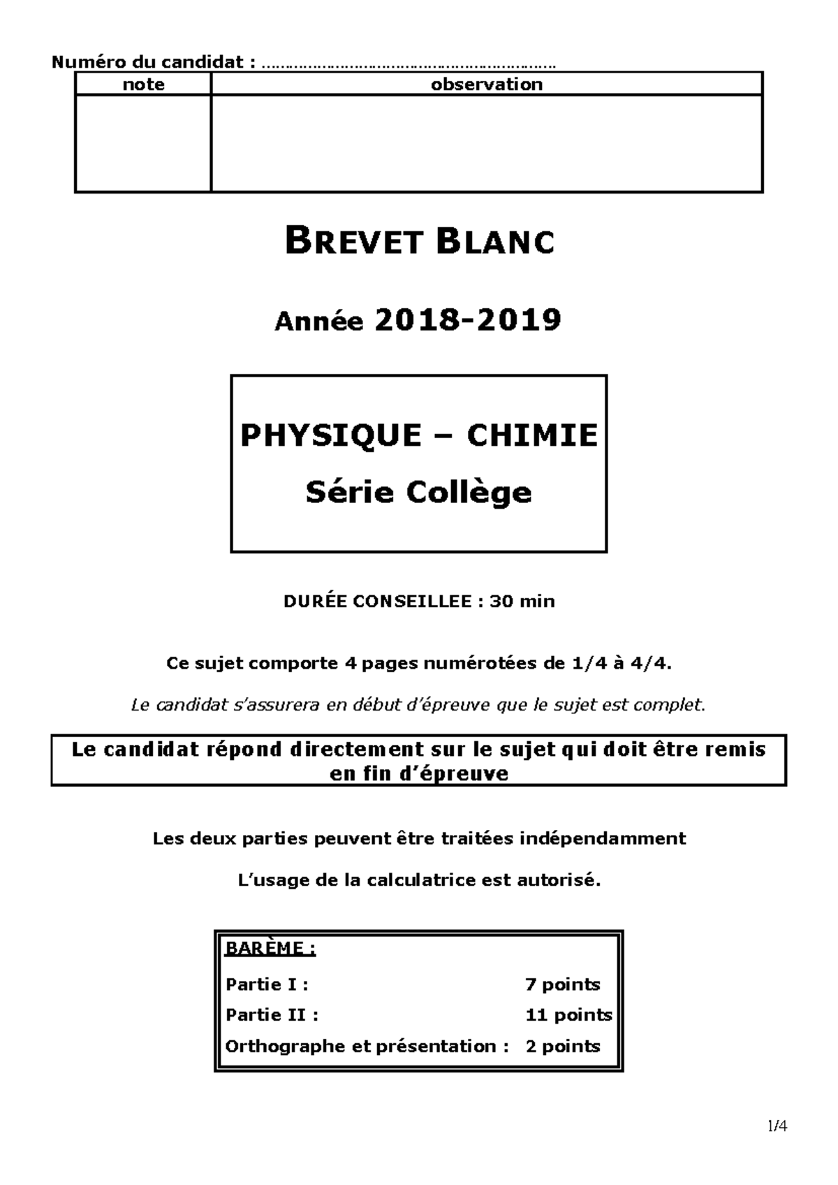 Physique Brevet Blanc 2018-2019 - Numéro du candidat : - Studocu