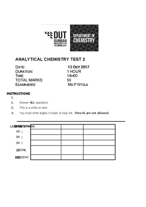 Test 1 2017, questions and answers - ANALYTICAL CHEMISTRY TEST 1 DATE ...