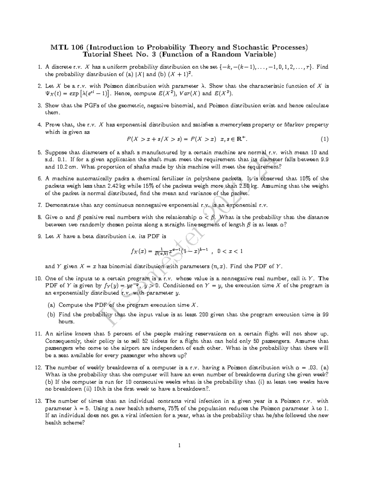Tutsheet 3new - Tutorials - II Semester 2023- MTL 106 (Introduction to Probability Theory and ...