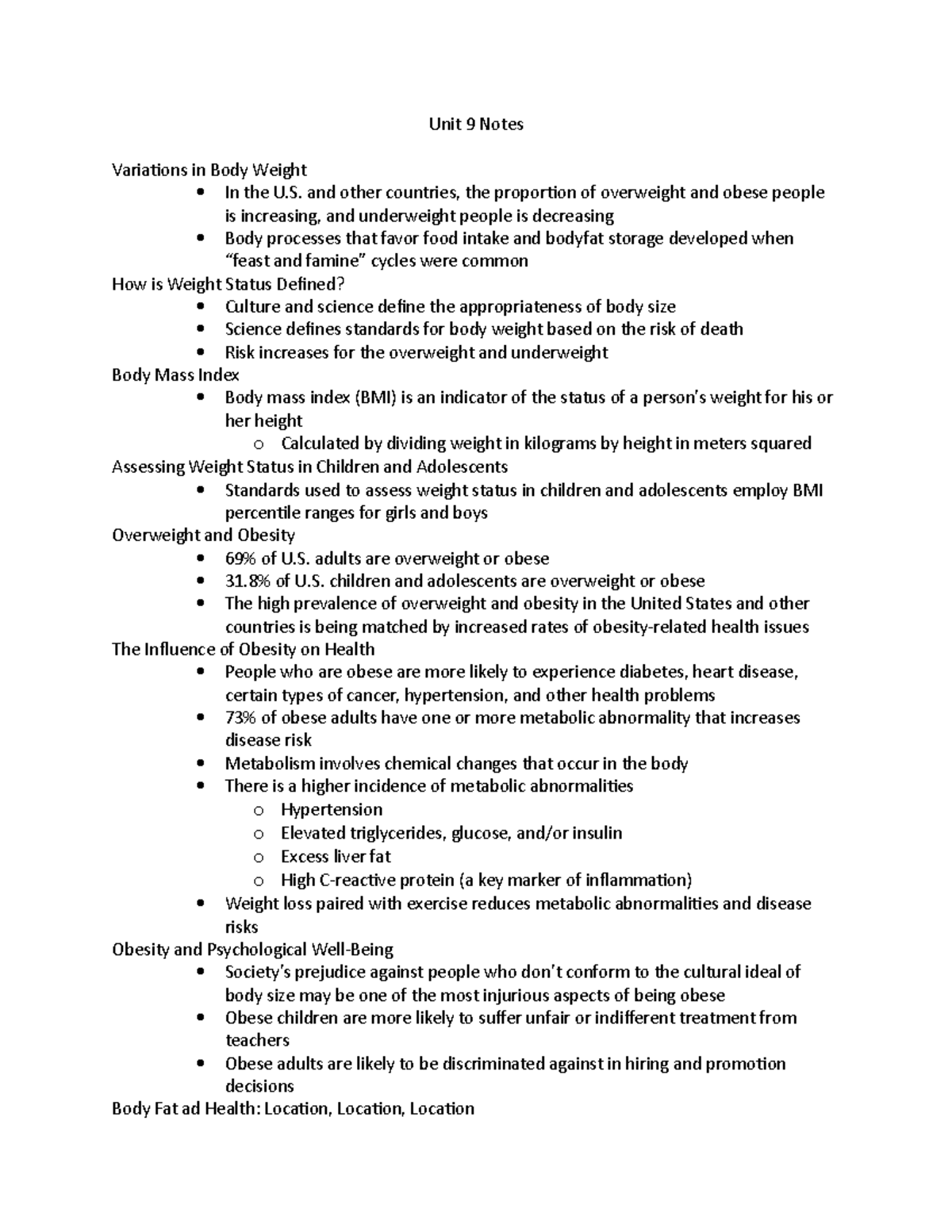 Unit 9 Notes - Variations of Body Weight - Unit 9 Notes Variations in ...