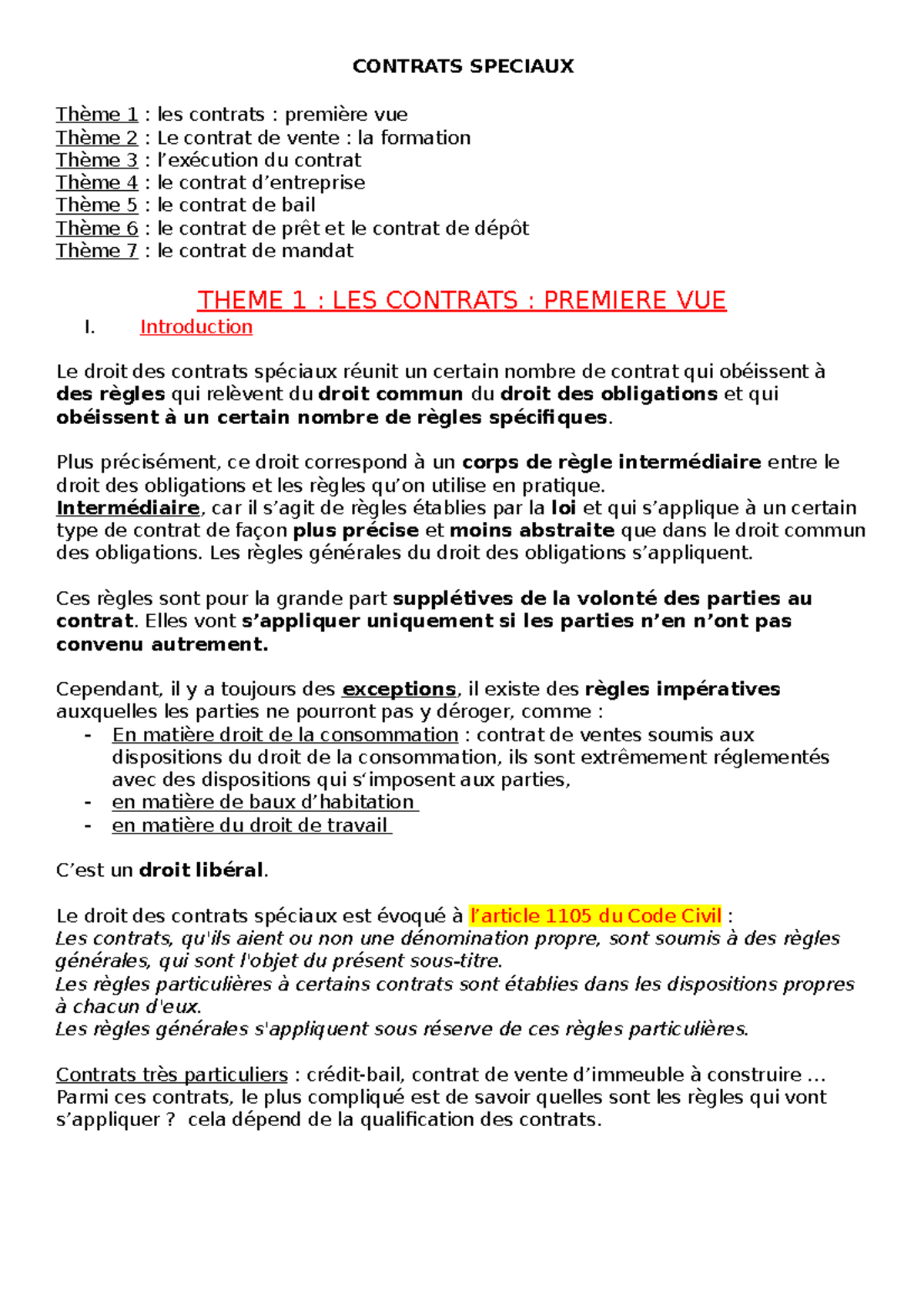 Droit contrats spéciaux - CONTRATS SPECIAUX Thème 1 : les contrats ...