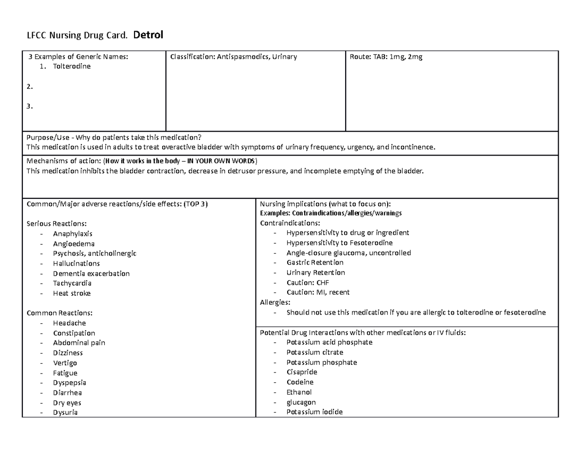 Detrol - dreug - LFCC Nursing Drug Card. Detrol 3 Examples of Generic ...