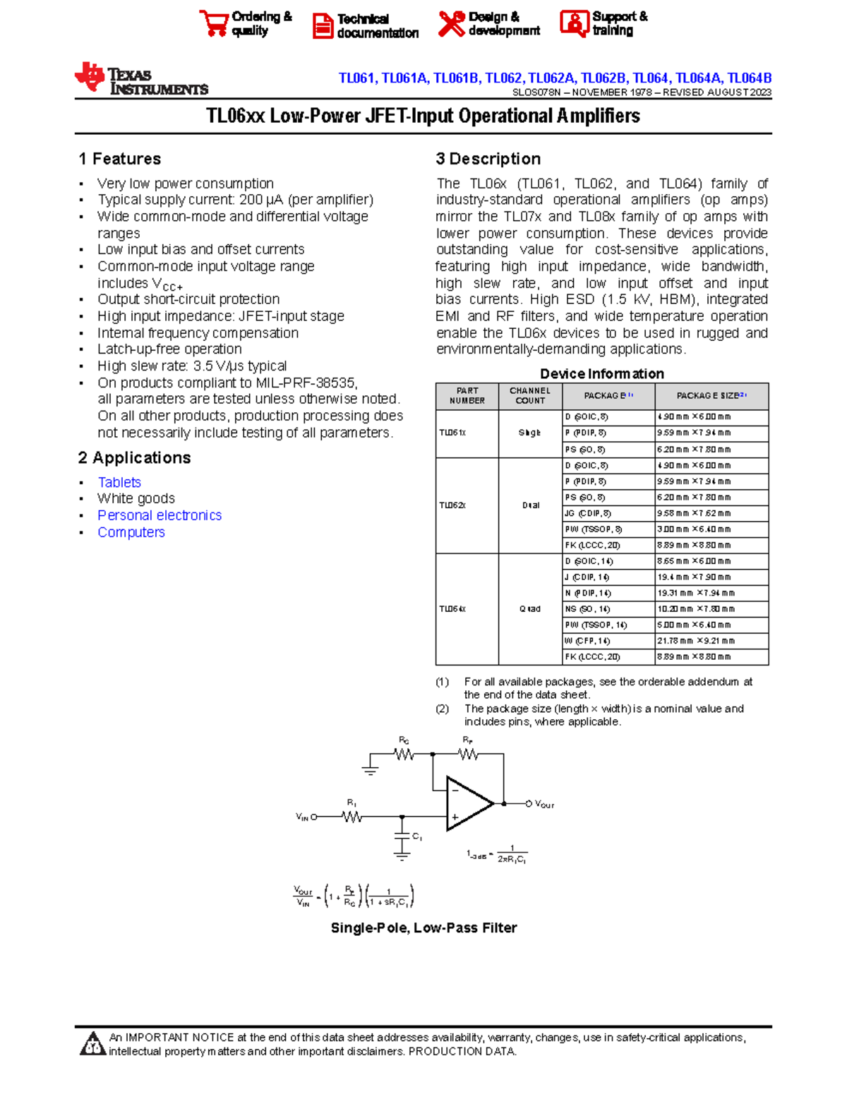 TL06xx Low-Power JFET-Input Operational Amplifiers - TL06xx Low-Power JFET-Input Operational ...