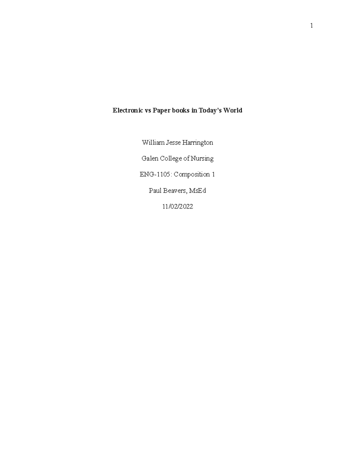 Compare and Contrast essay Eng 1105 - Electronic vs Paper books in ...