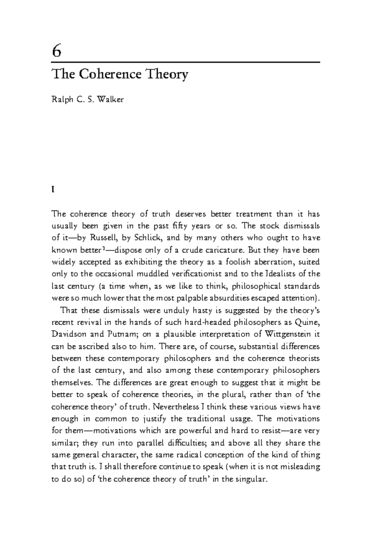 Saving the Differences - 6 The Coherence Theory Ralph C. S. Walker I ...