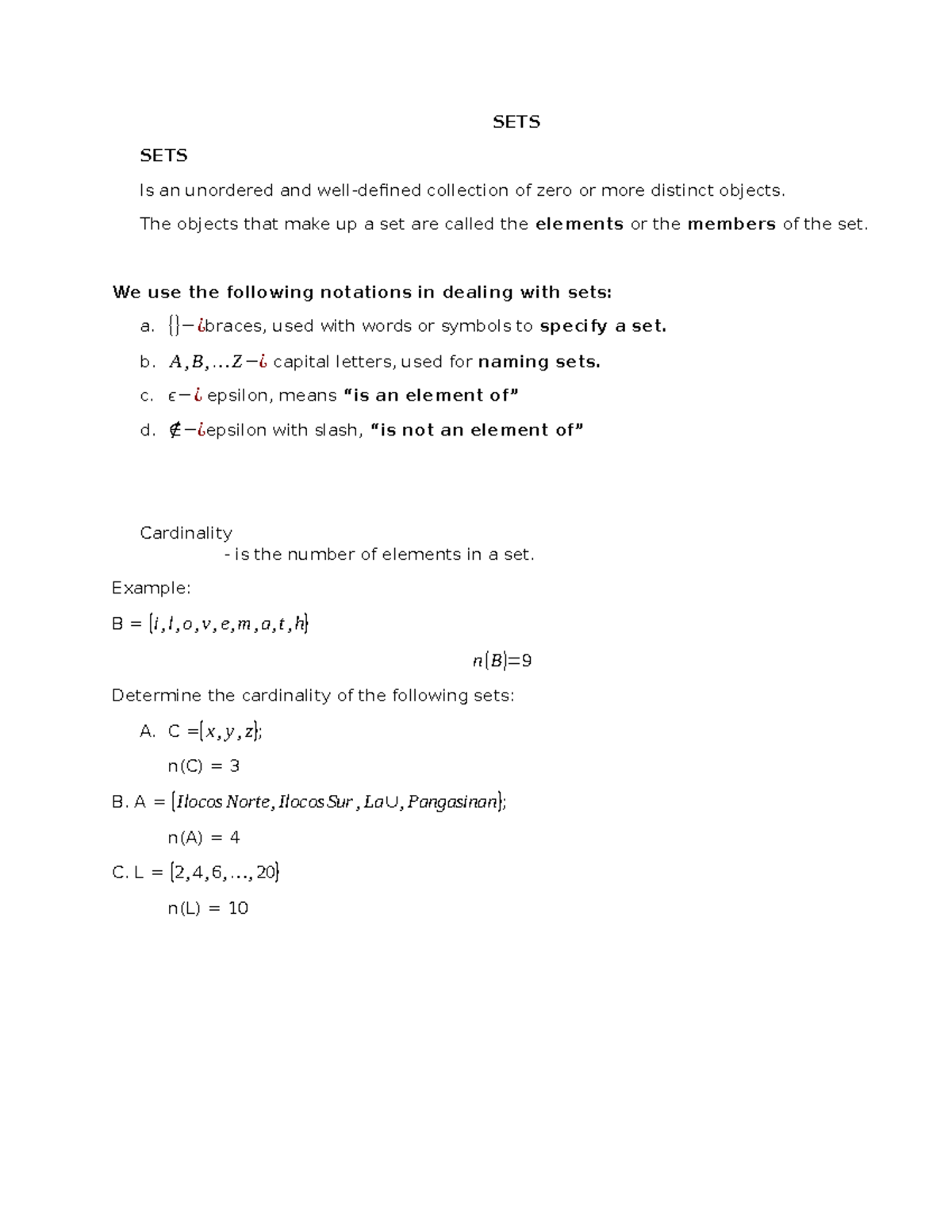 Sets - SETS SETS Is an unordered and well-defined collection of zero or ...