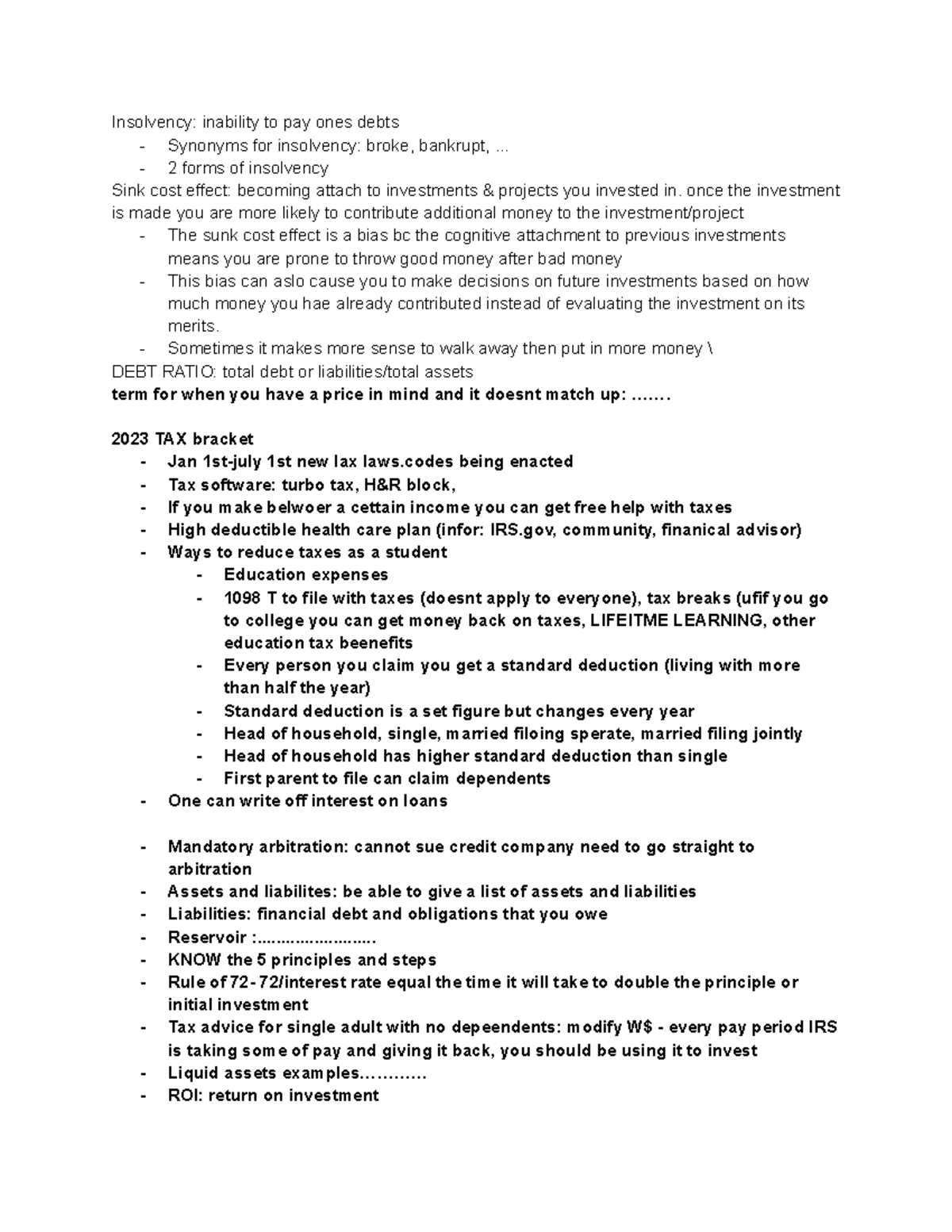 FIN 2114 EXAM #1 ch1-4 Study Notes - Insolvency: inability to pay ones ...