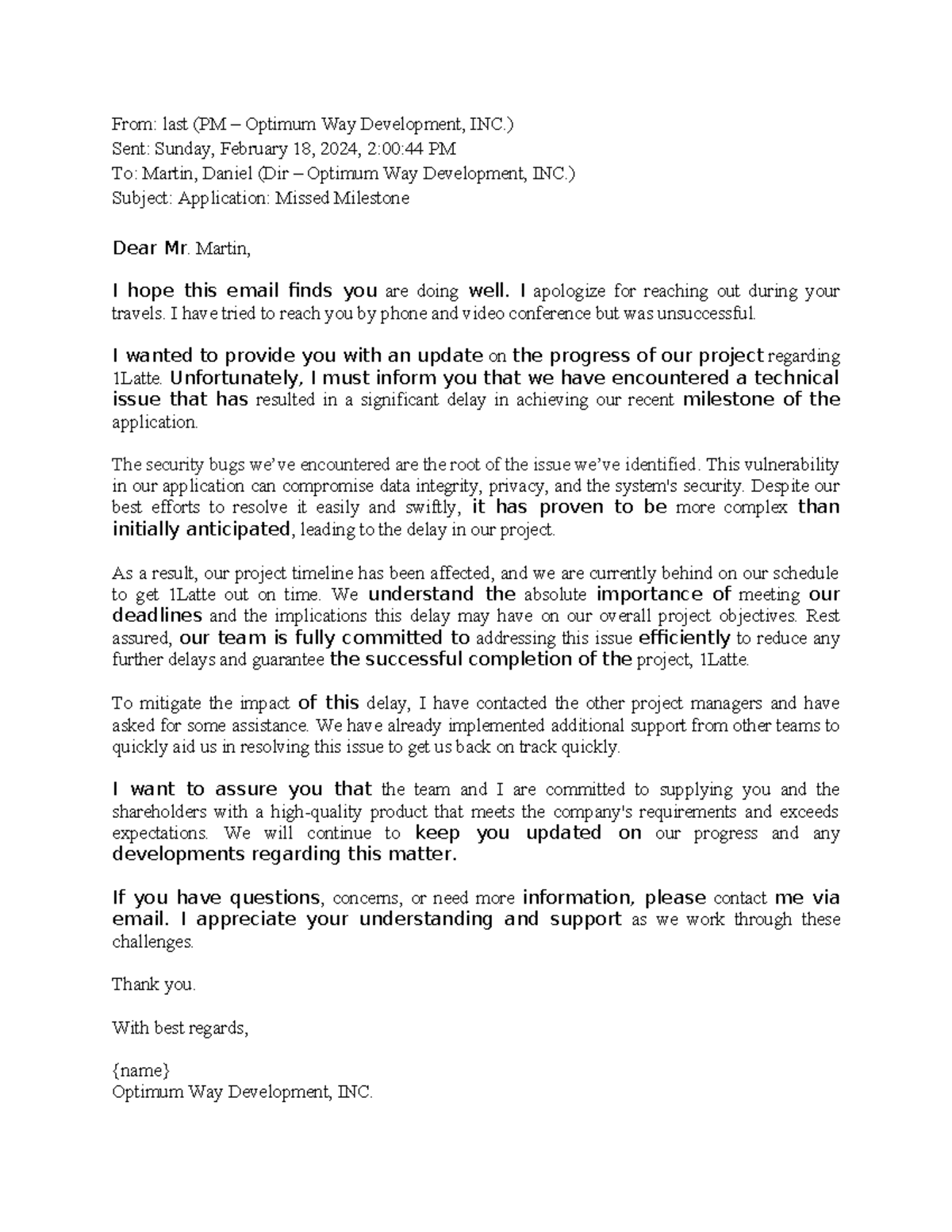 6 -1 Activity Bad News Email - From: last (PM – Optimum Way Development ...