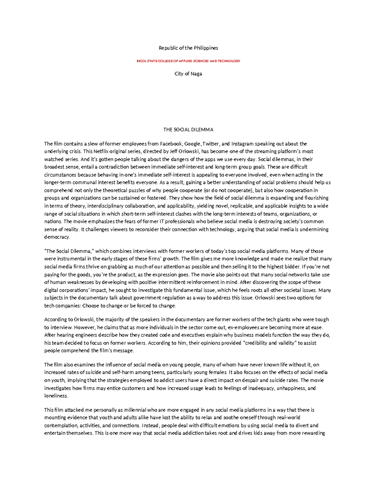 The Social Dilemma - For education purposes - Republic of the ...