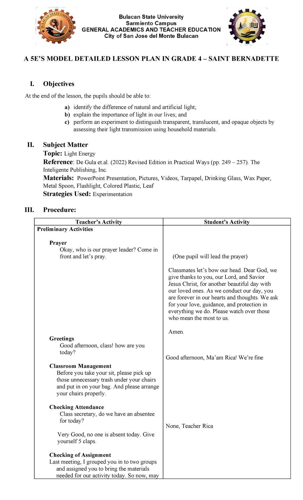 5 Es Lesson PLAN Grade 4 Saint Bernadette Final - A 5E’S MODEL DETAILED ...