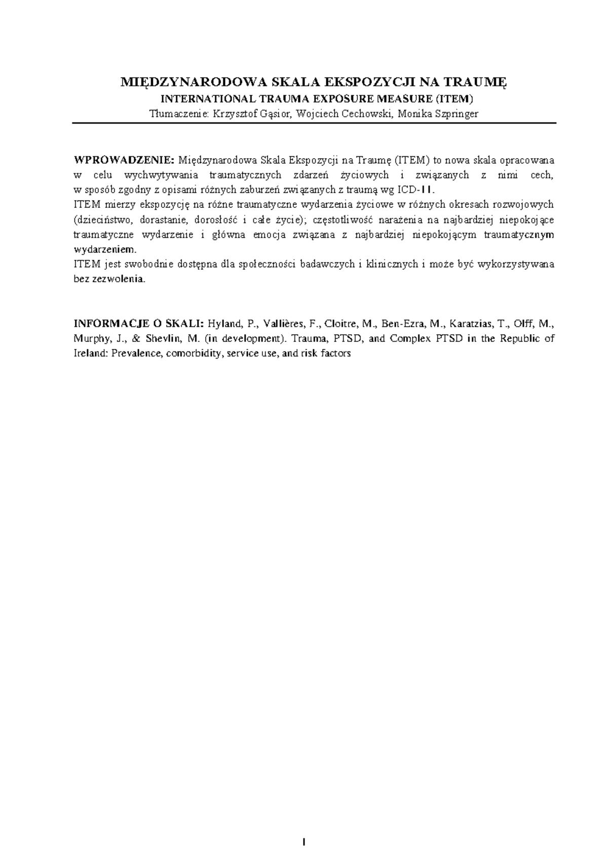 ITQ - skala do oceny traumy - 1 MIĘDZYNARODOWA SKALA EKSPOZYCJI NA ...