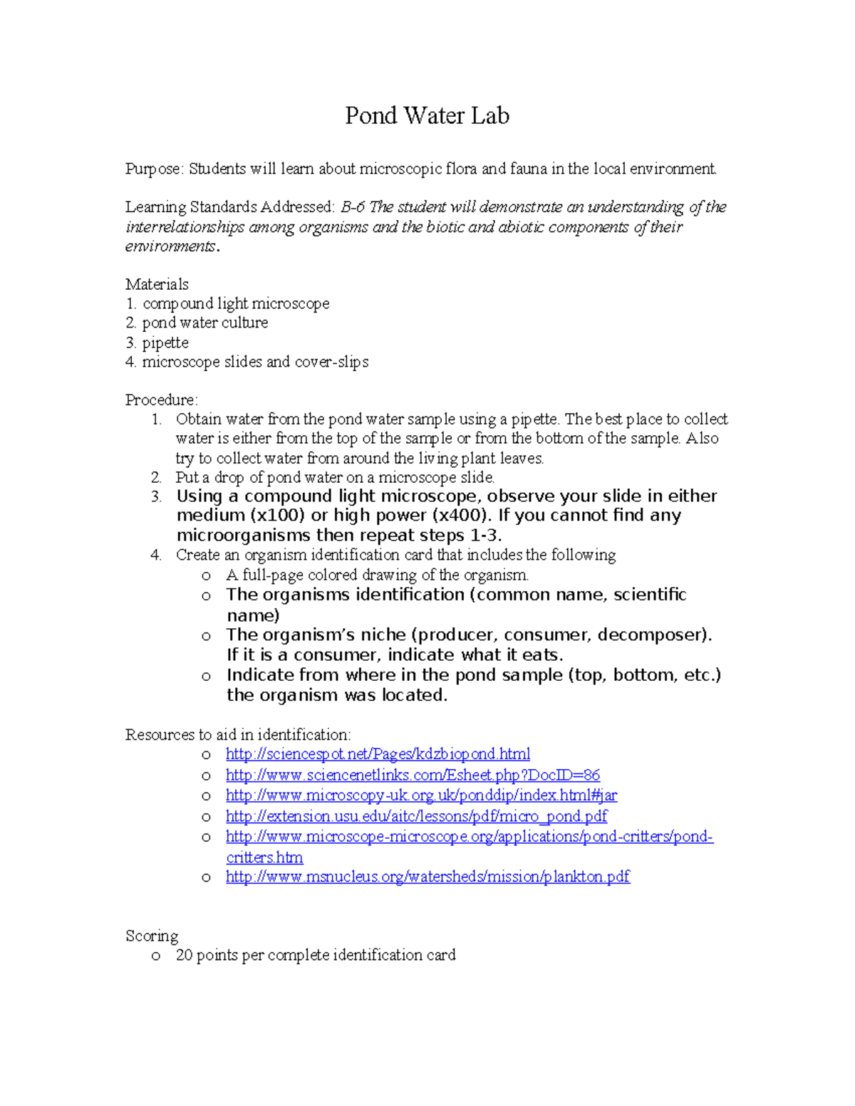 Pond Water Lab - Science Lab - Pond Water Lab Purpose: Students will ...