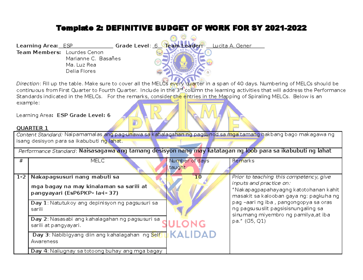 DBOW ESP-6 Manila Final - Template 2: DEFINITIVE BUDGET OF WORK FOR SY ...