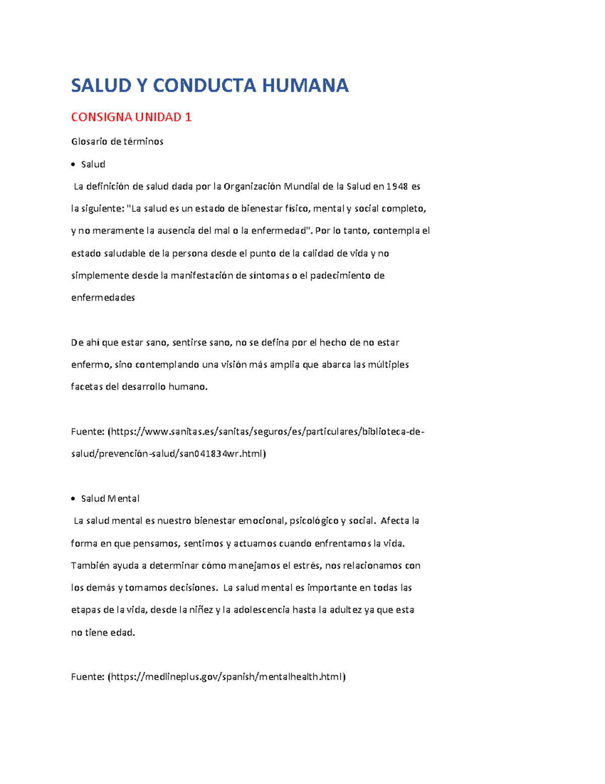 laboratorio salud y conducta humana - SALUD Y CONDUCTA HUMANA CONSIGNA UNIDAD 1 Glosario de ...