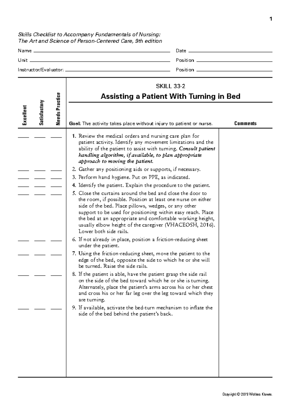 Ch 33 Turning Patient in bed - 1 Skills Checklist to Accompany ...