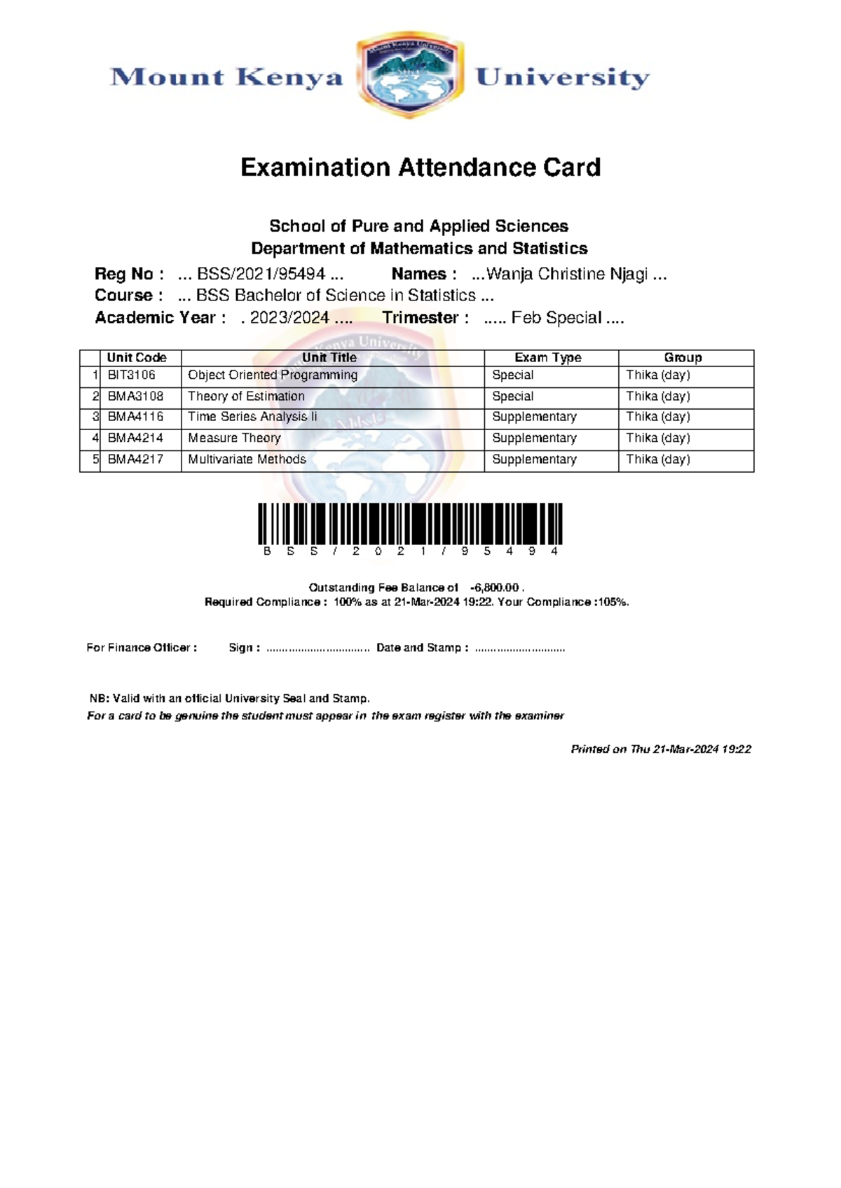 Exam Card BSS 2021 95494 2024Mar21 - Examination Attendance Card School ...