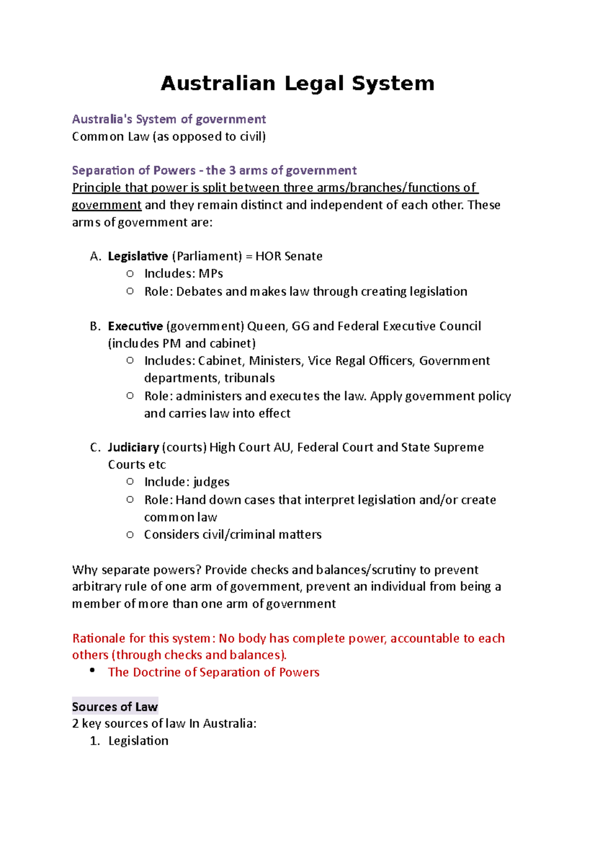 Exam notes - Australian Legal System Australia's System of government ...