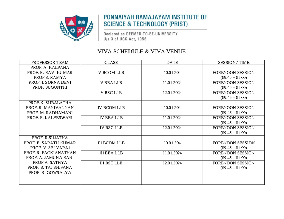 VIVA Schedule & VIVA Venue - VIVA SCHEDULE & VIVA VENUE PROFESSOR TEAM CLASS DATE SESSION / TIME ...