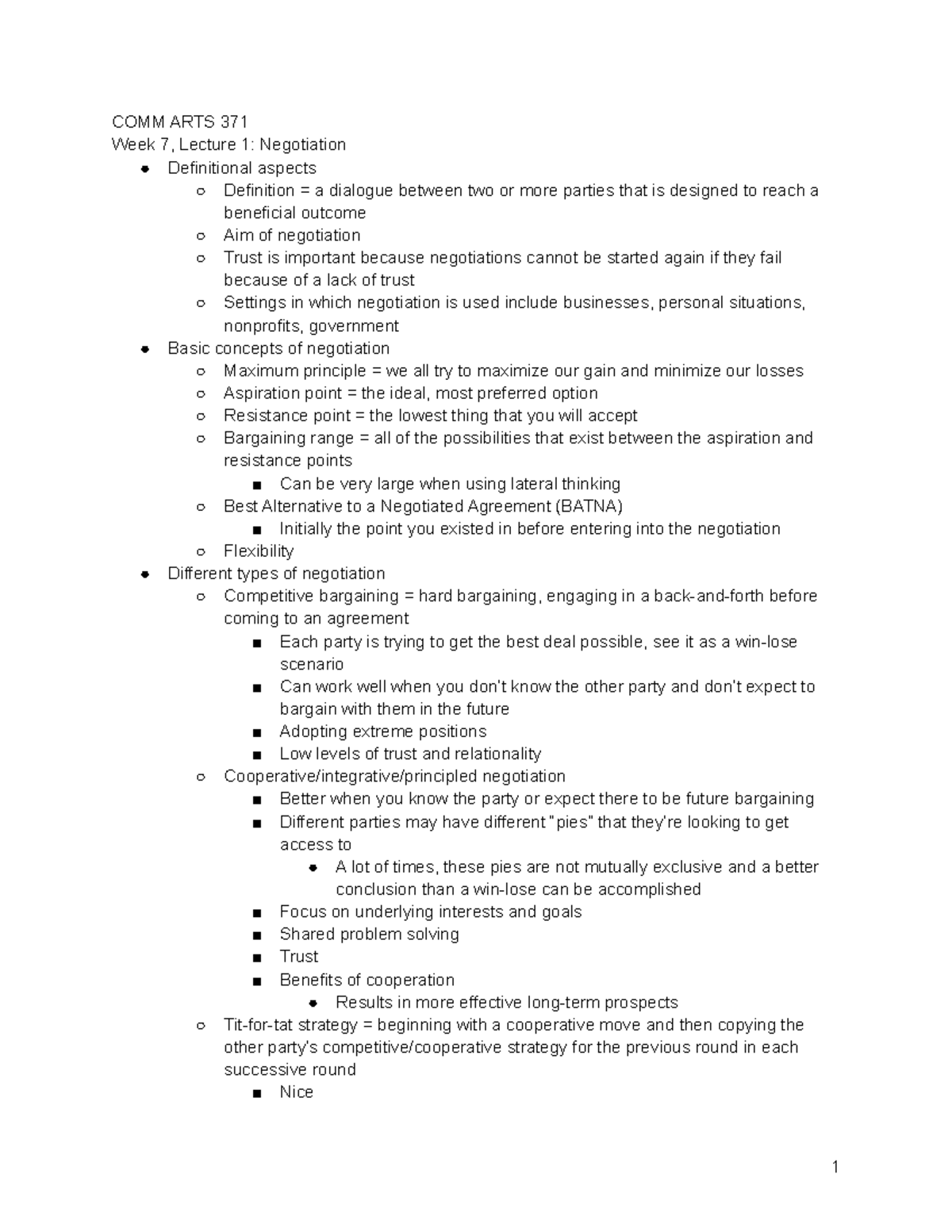 Lecture 15 - COMM ARTS 371 Week 7, Lecture 1: Negotiation Definitional ...