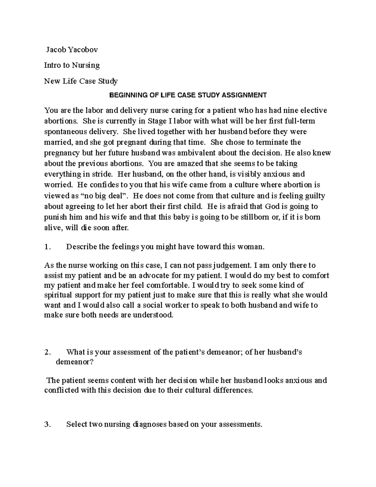 Beginning of Life Case Study - Jacob Yacobov Intro to Nursing New Life ...