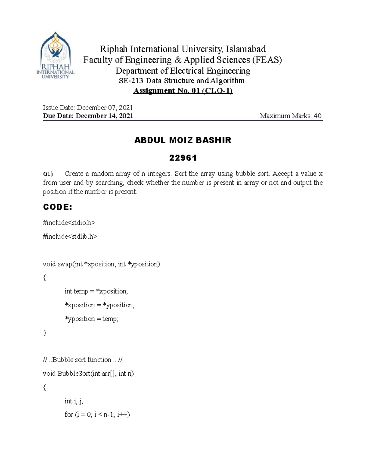 Abdul Moiz Bashir 22961 Assignment 1 - Database - Riphah - Studocu