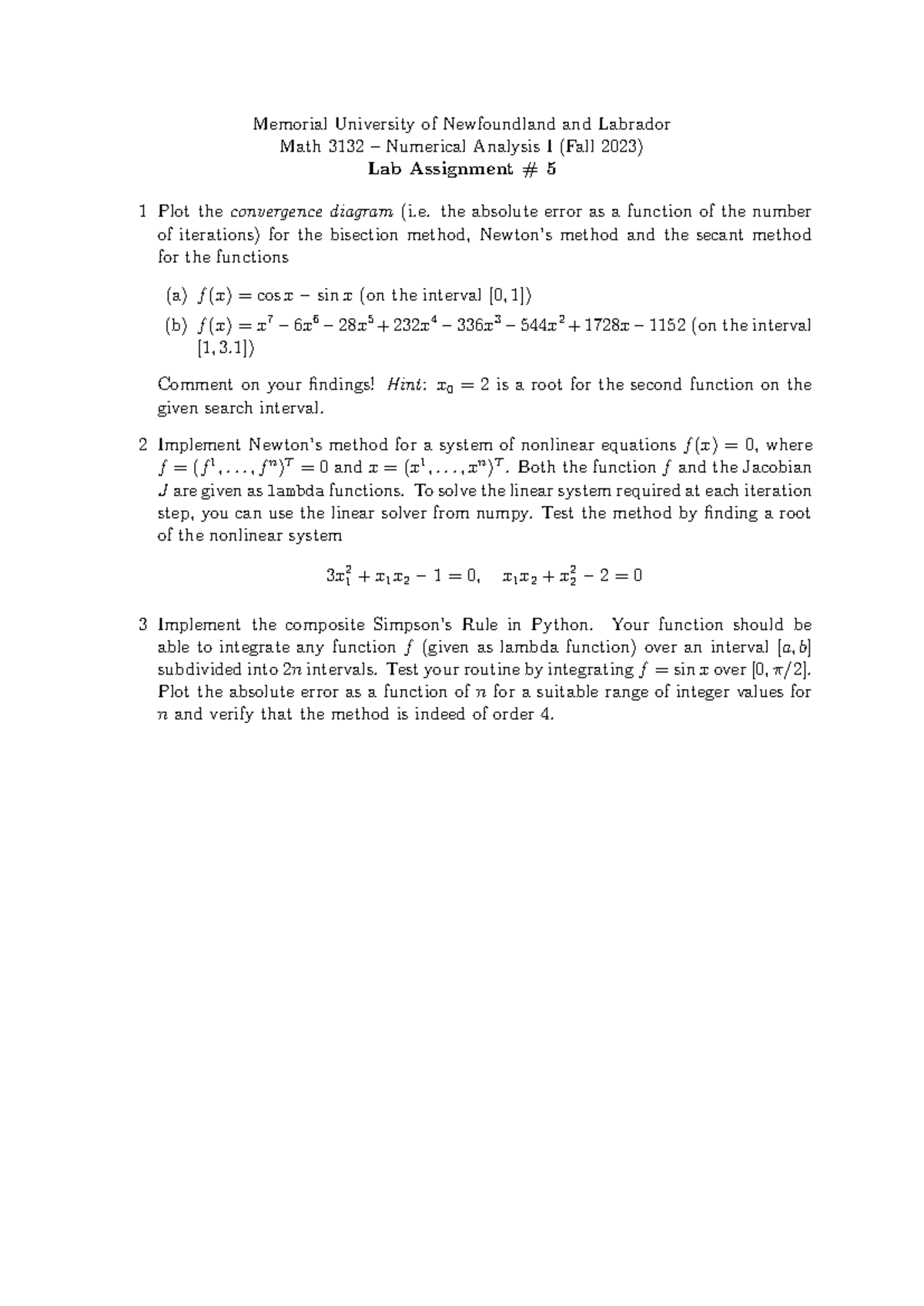 Math 3132 lab assignment 5 - Memorial University of Newfoundland and ...